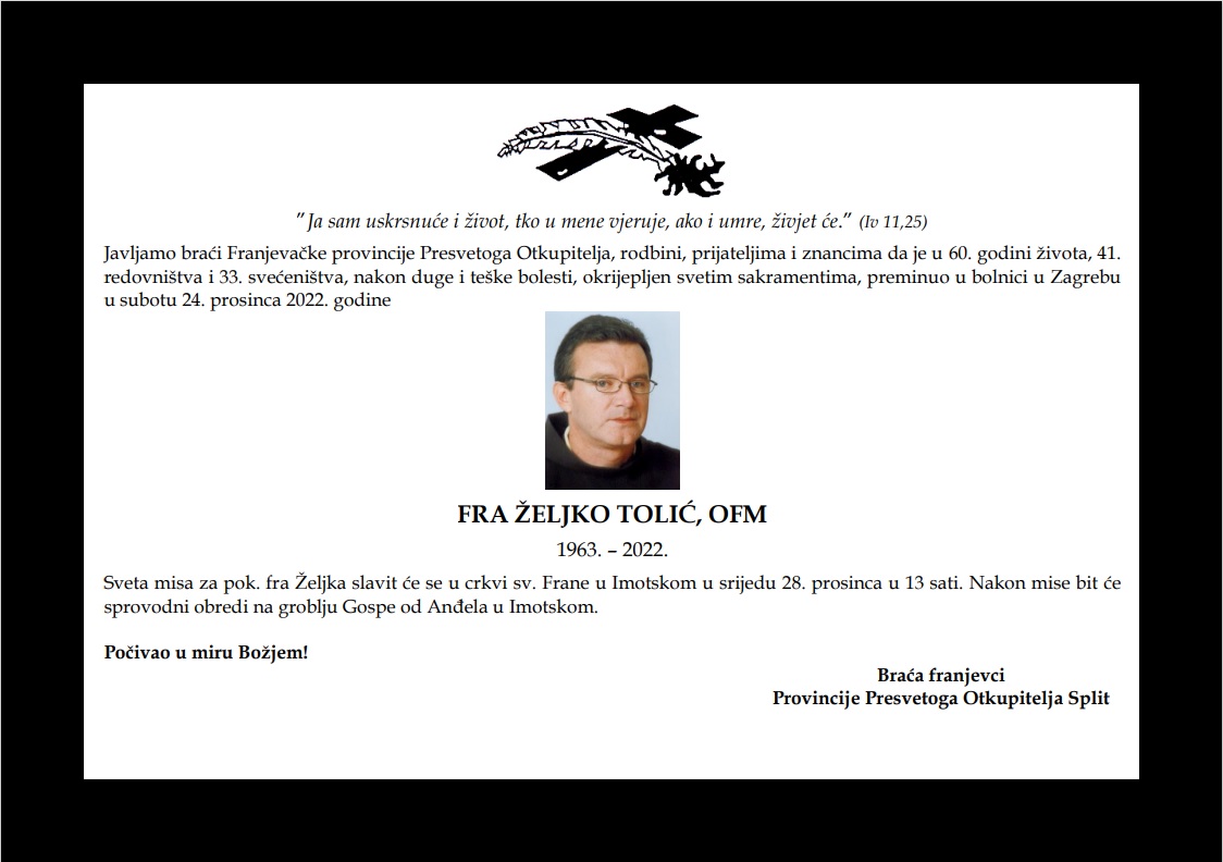 Umro je fra Željko Tolić - Župa Vinjani
